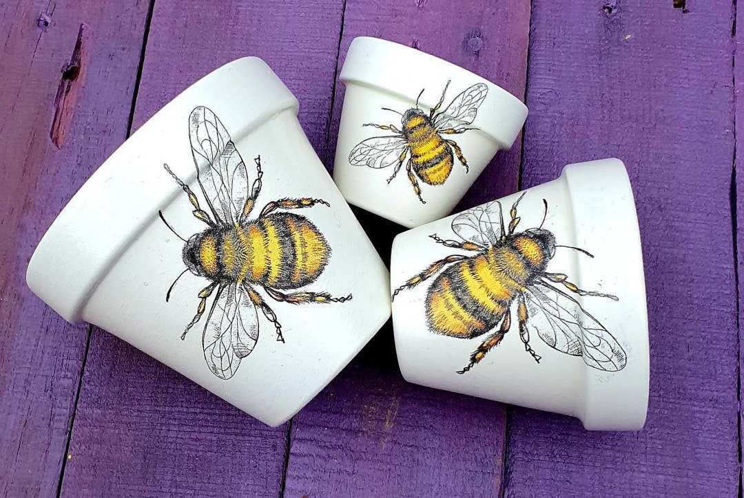 Bees, Set of Decorated Plant Pots, Bee Plant Pots, White Painted Clay ...