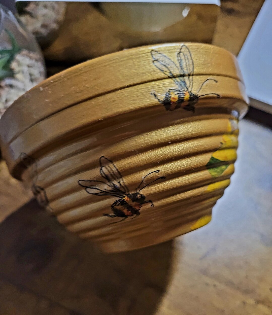 Decoupaged Sunflower Clay Pot: Hand-painted Floral Planter With Bees - Etsy