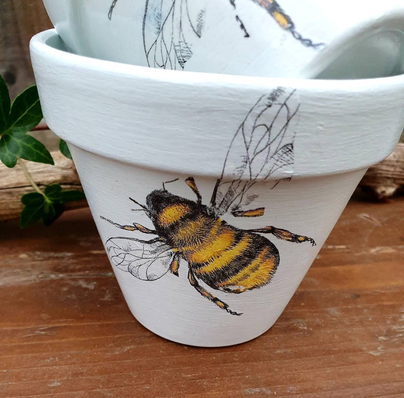 Bees Set of decorated plant pots Bee plant pots White | Etsy