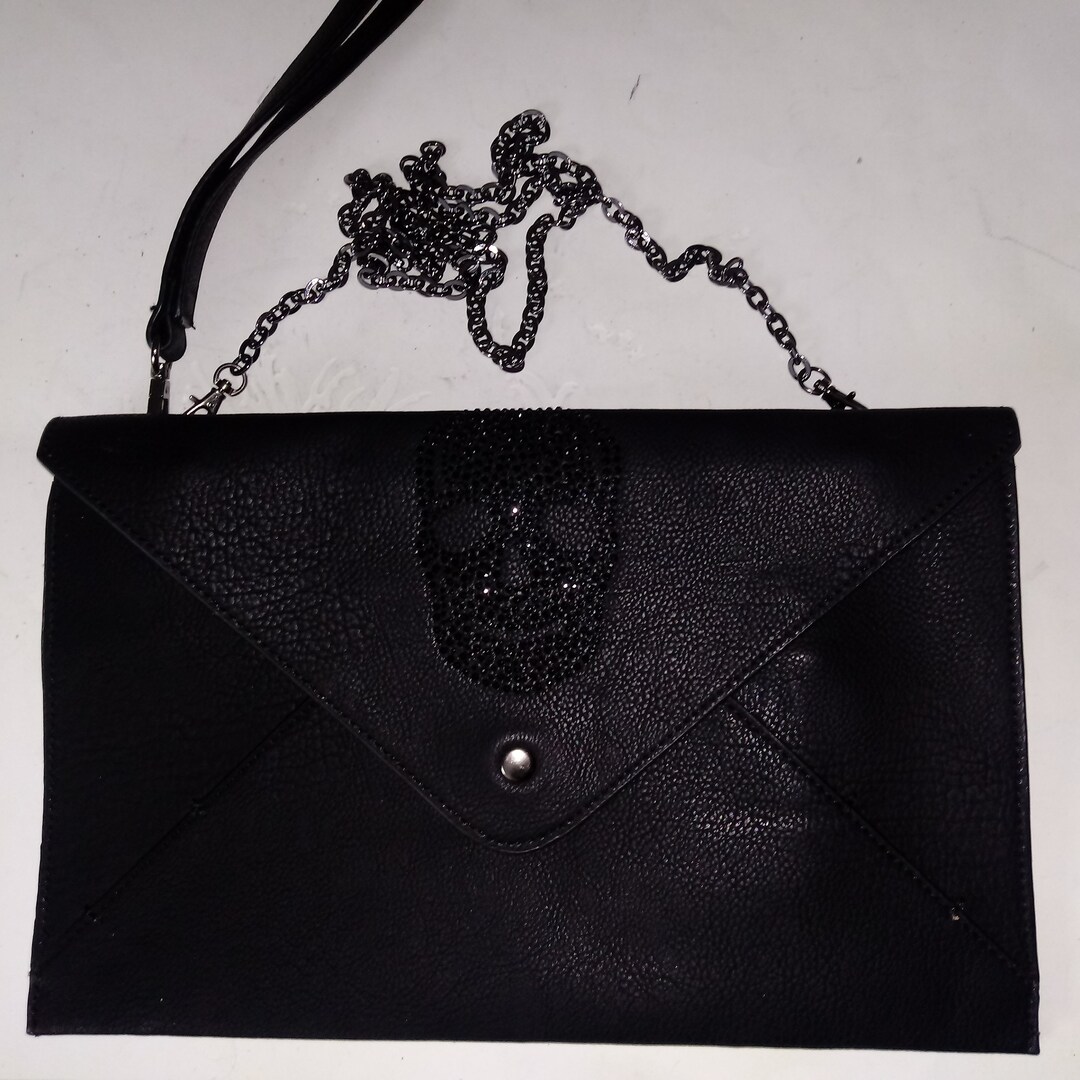 NEW Women's KIMBERLY MODEL Leather Envelope Soho Crystal Goth Skull ...