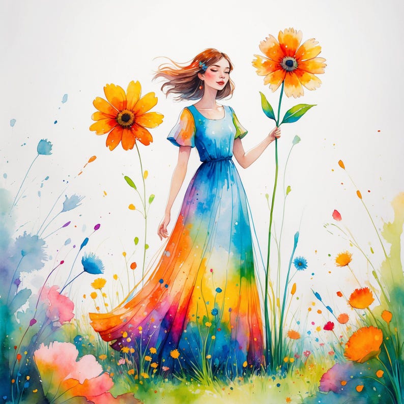 8 Girl and Flower Clipart, Floral Girl Print, Printable Watercolor ...