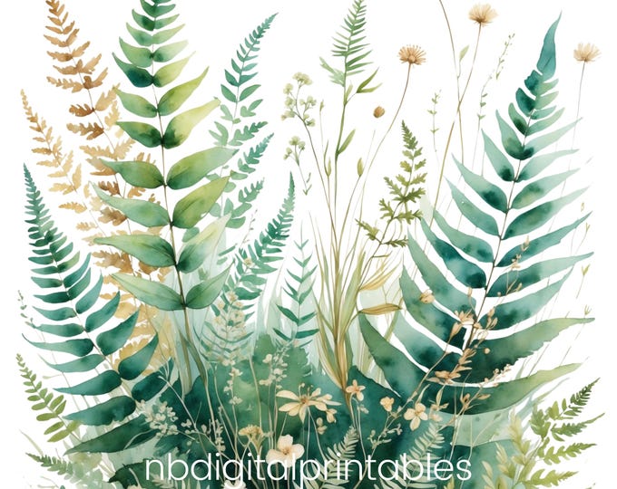 10 Botanical Ferns Clipart, Fern Moss Decor, Printable Watercolor ...
