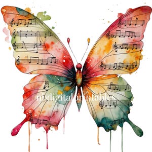 9 Butterfly Music Notes Clipart, Wall Print, Printable Watercolor ...