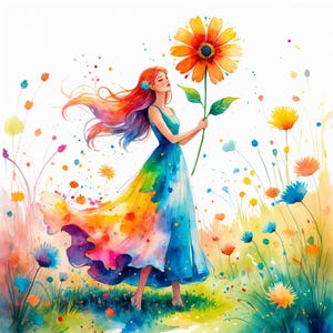 8 Girl and Flower Clipart, Floral Girl Print, Printable Watercolor ...