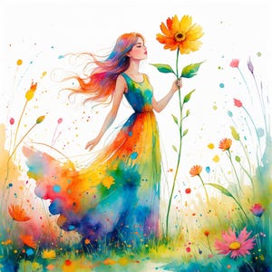 8 Girl and Flower Clipart, Floral Girl Print, Printable Watercolor ...