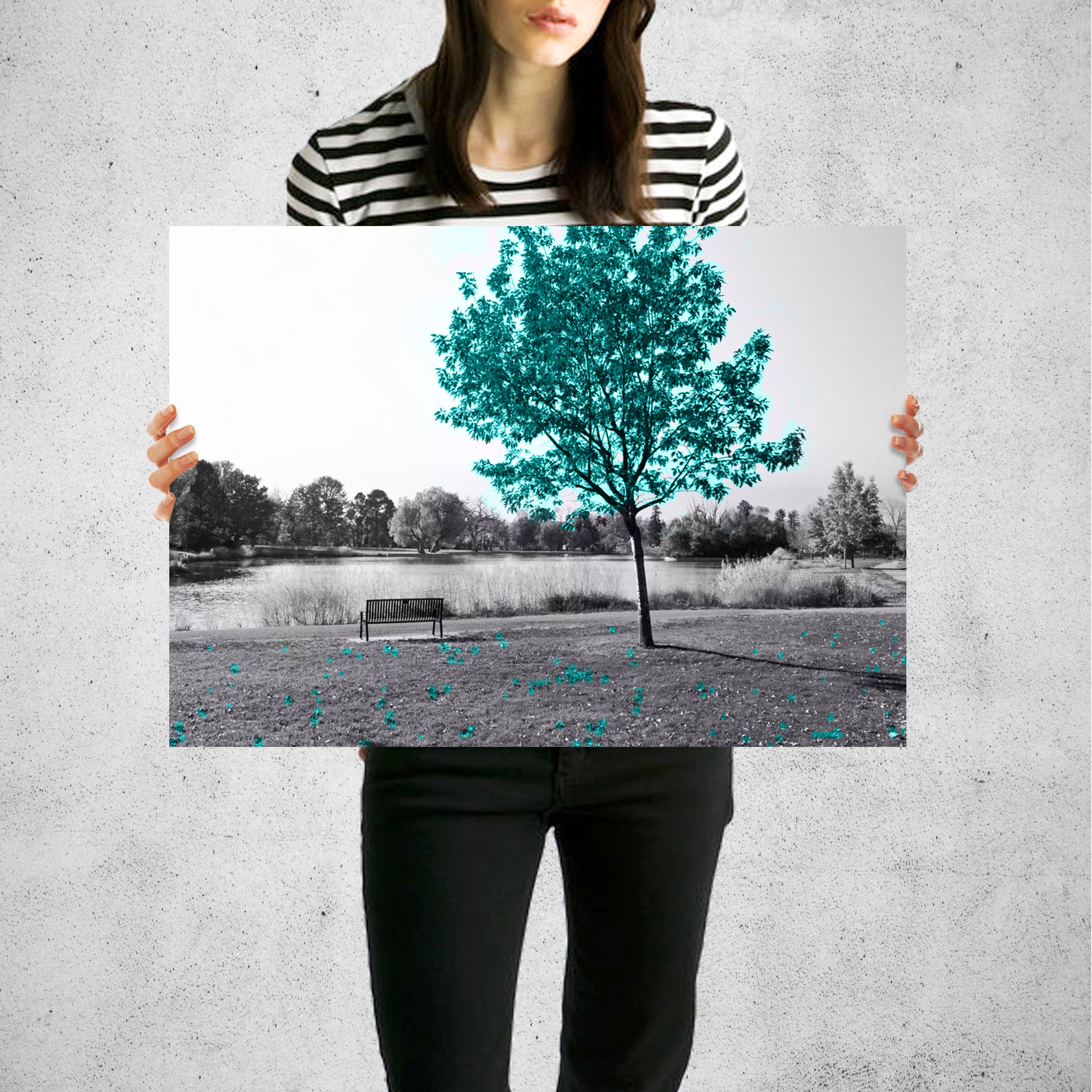 Large Teal tree set in a black and white park Home Decor | Etsy