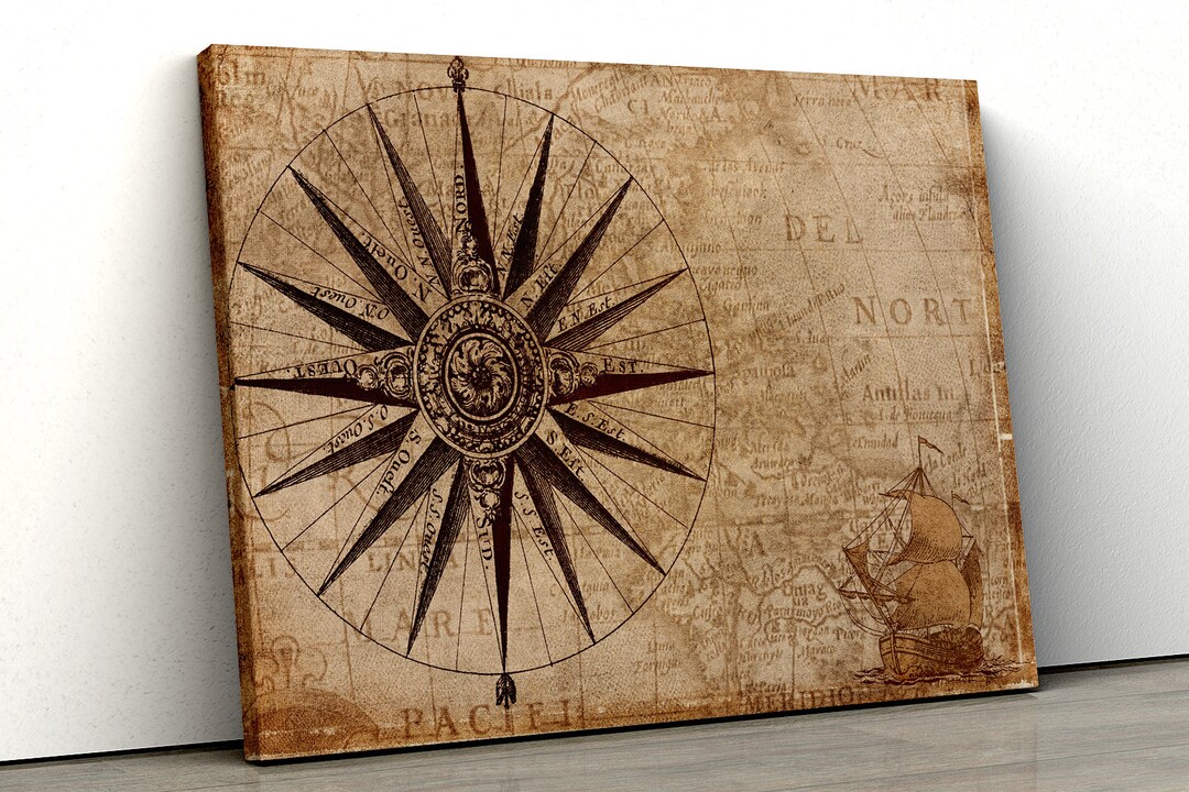 Antique Compas Sailing Map Boat Exploring Framed Canvas Print Wall Art ...