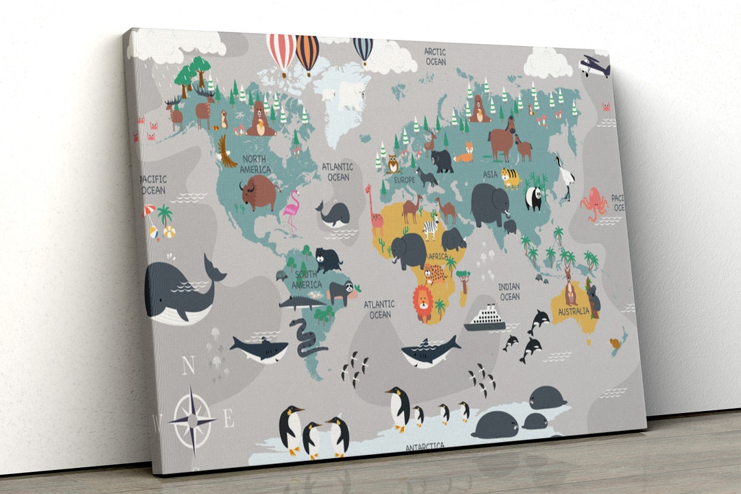 Childrens World Map, Kids Decor, Travel Art, Abstract, Framed Canvas ...