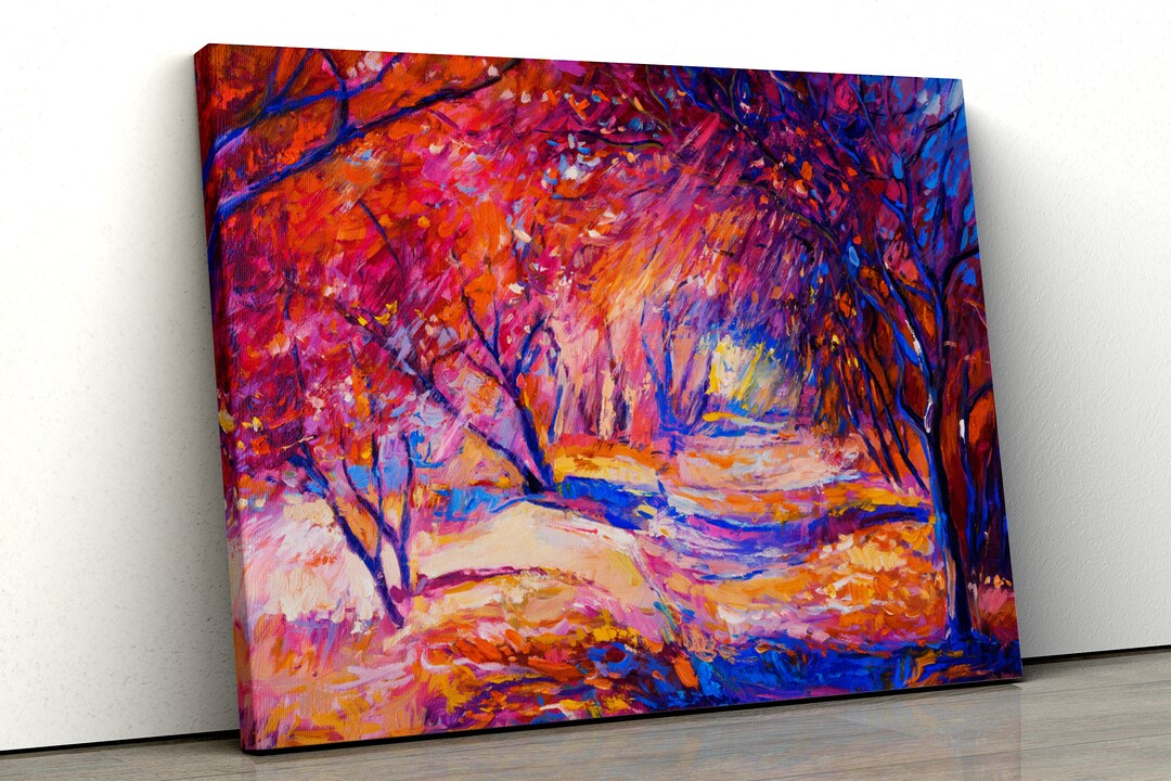 Red Orange Blue Multicolour Forest Oil Painting Scene Nature Home Decor ...