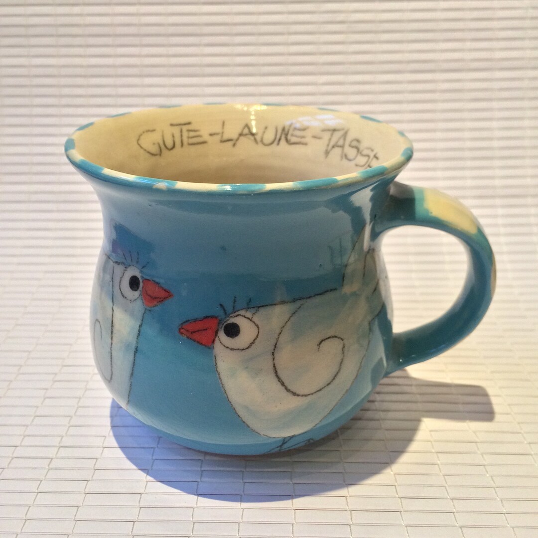 Favorite Turquoise-blue Mug With Bird Motif / Cheerful Ceramic Mug ...