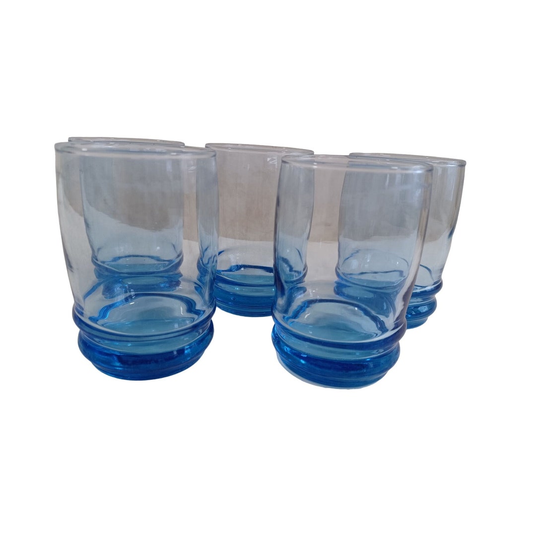 Set of 5 Clear Blue Crystal 6oz Serving Glasses Juice Bar Coctail 3.75 ...