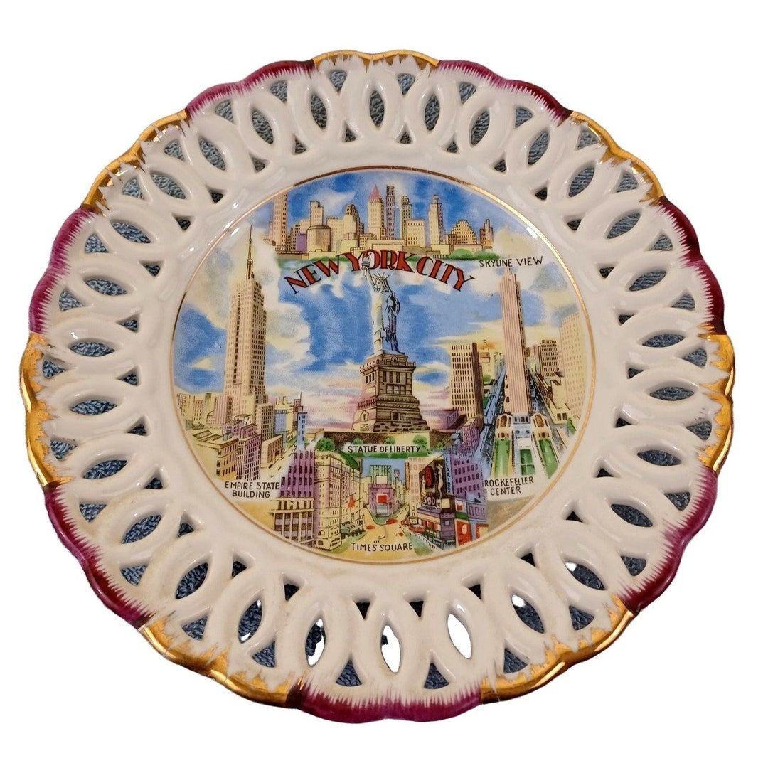 1960's New York City 8" Hand Painted Collector Plate Gold Red Trim Lace ...