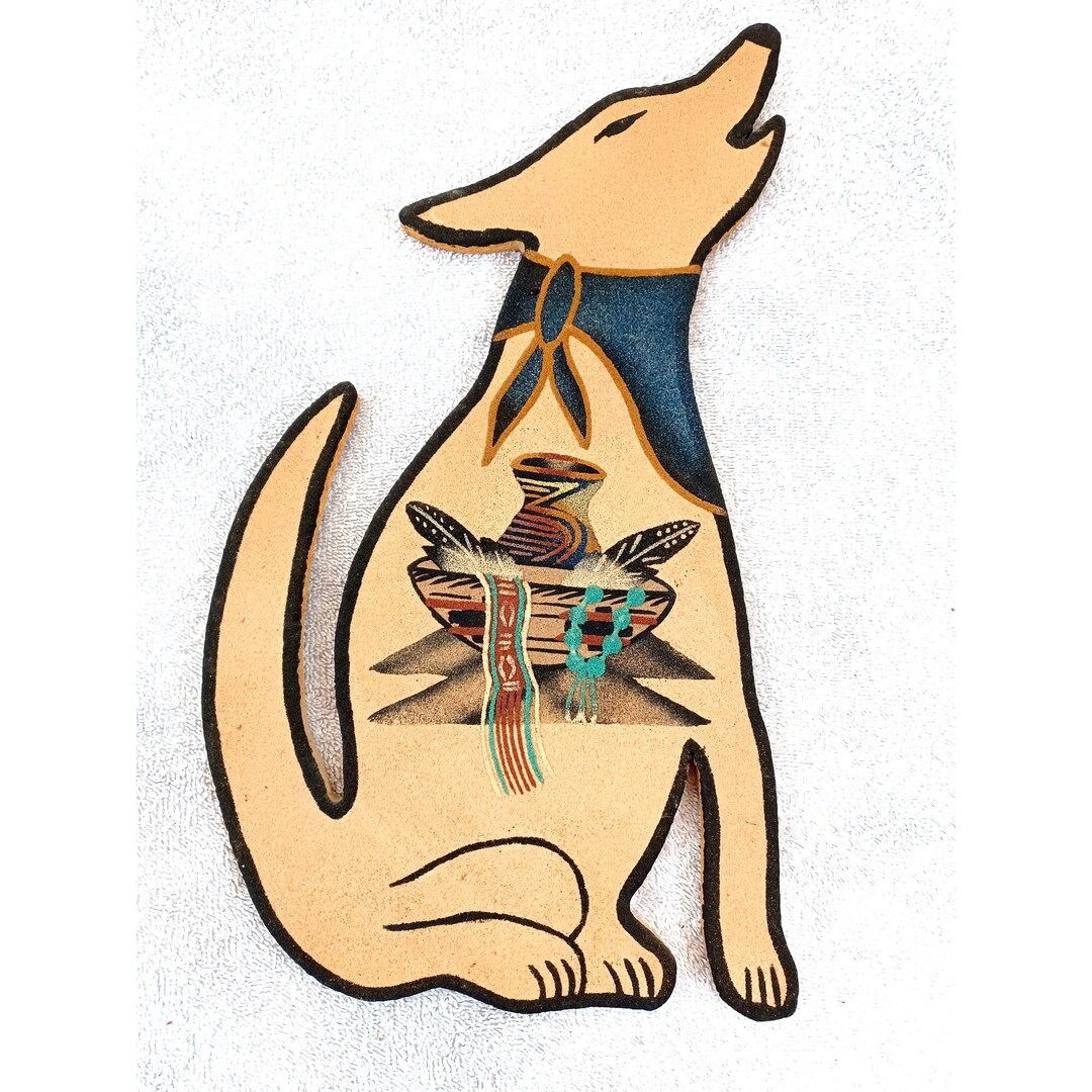 Vintage Sand Art Southwestern Coyote Cutout Wood Handmade Howling Wall ...