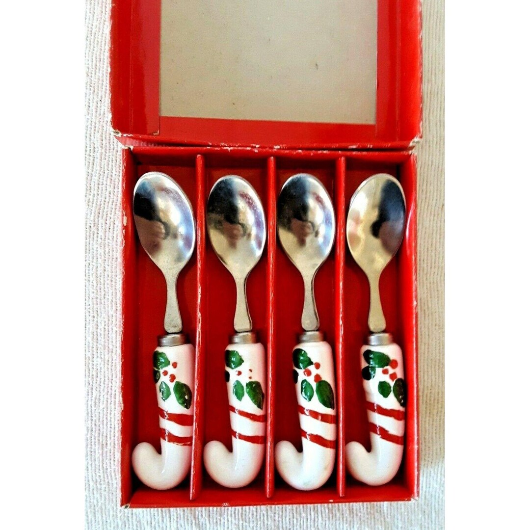 Vintage Set of 4 Porcelain Christmas Spoons Relish Condiment Orig Box ...