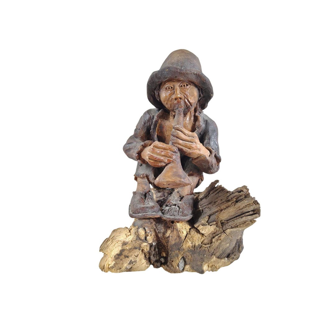 Vintage Hand Carved Folk Art Drift Wood Sculpture Pipe Playing Man 6.75 ...