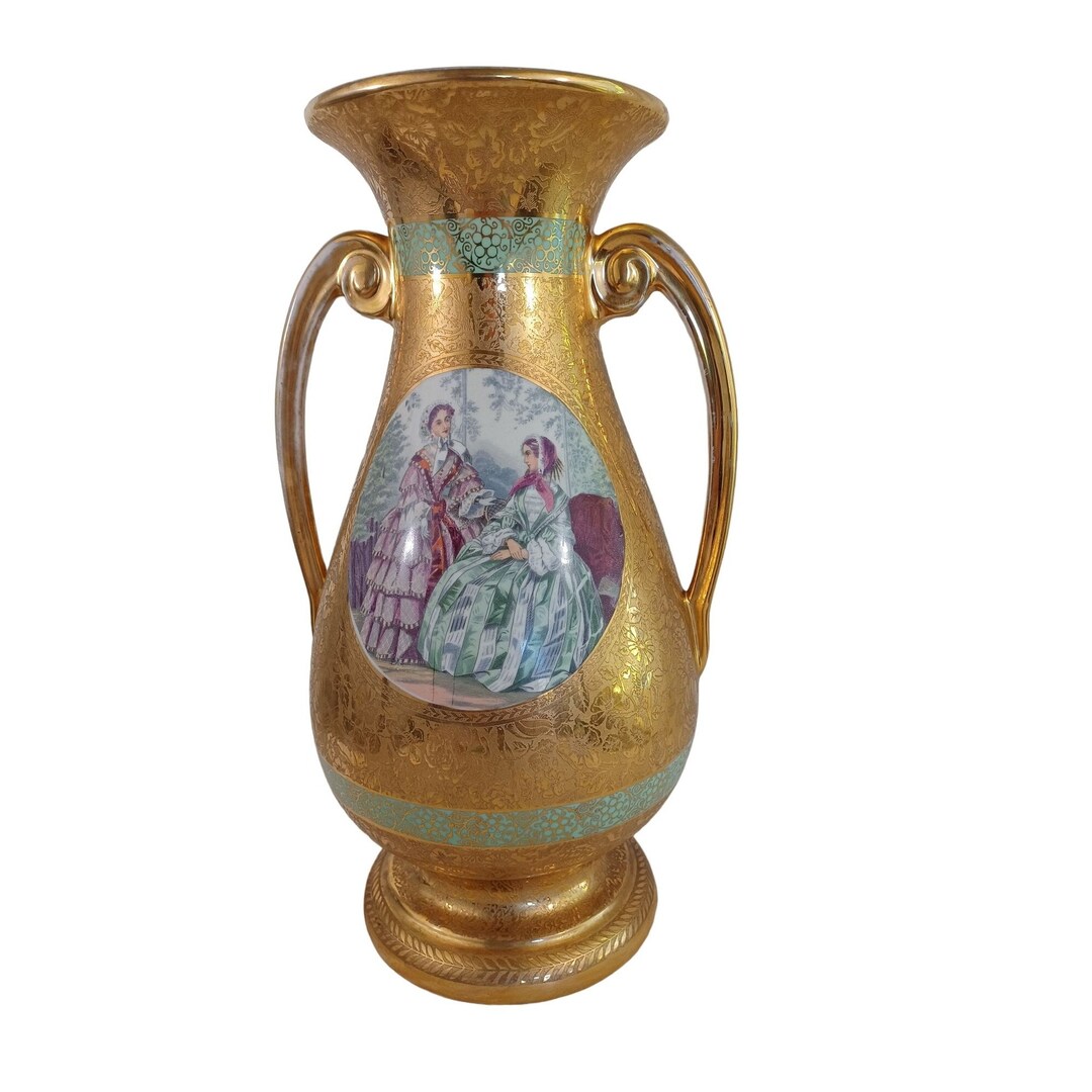 Large 2 Handle 24k Gold Vase Lemeux China USA 13.5" T X 5.5" Base ...