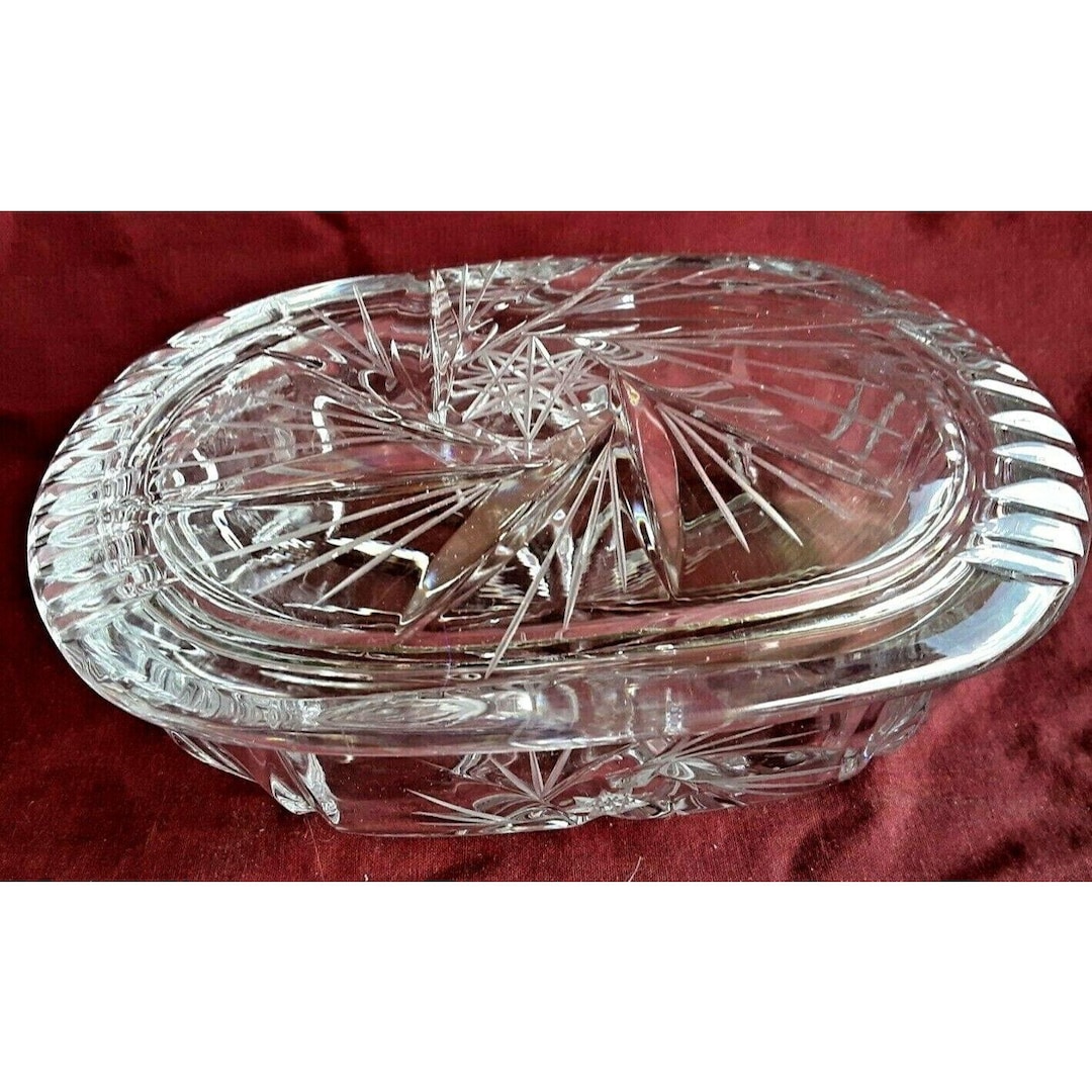Vintage Antique Crystal Etched Star Design Oval Lidded Candy Dish 5.5 ...