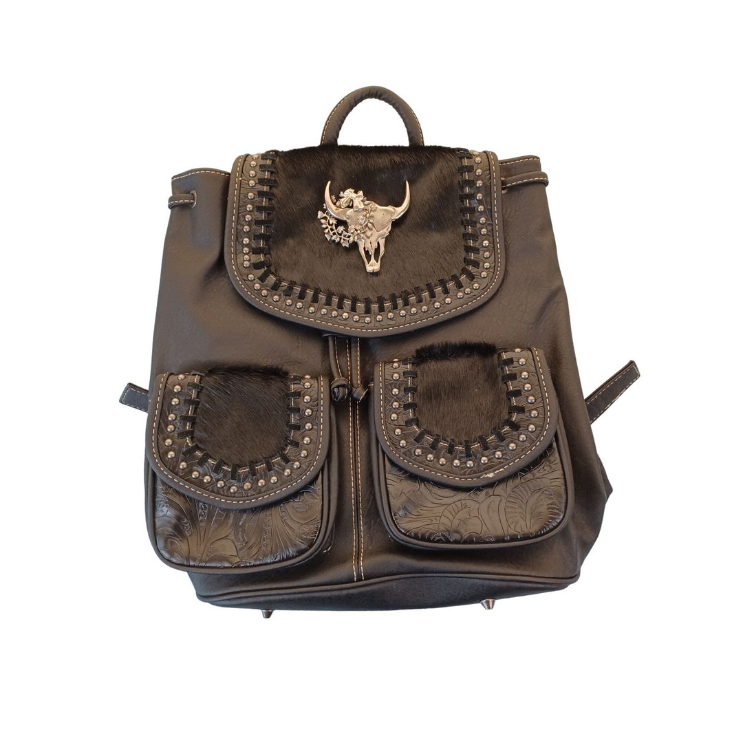 Trinity Ranch Leather Backpack Adjustable Straps 6 Pocket Western Bag ...
