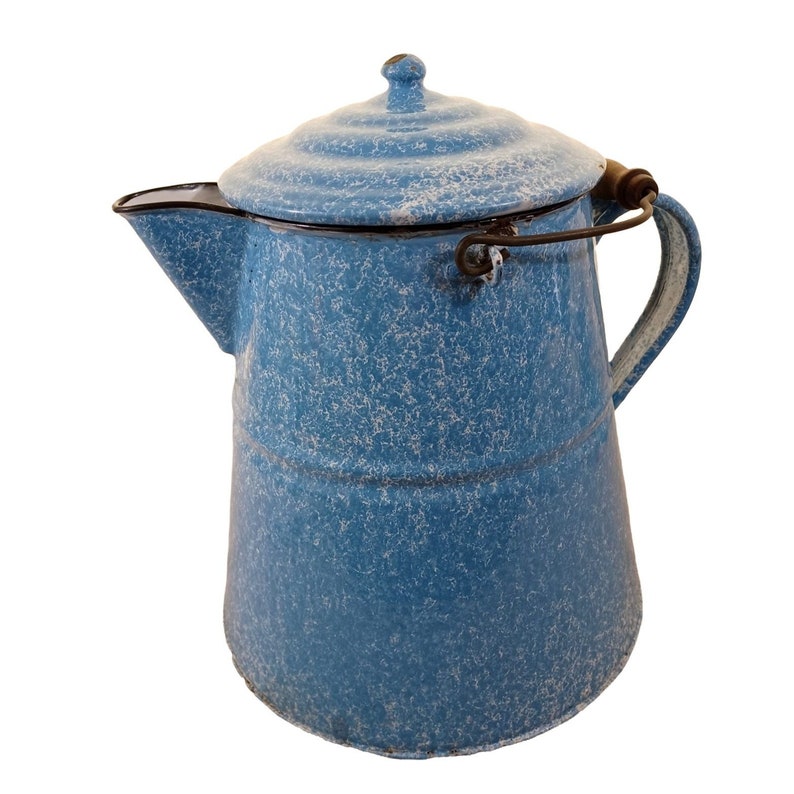 Antique 1940's Blue Speckled Enamelware White Inside 13"x11" Wood ...