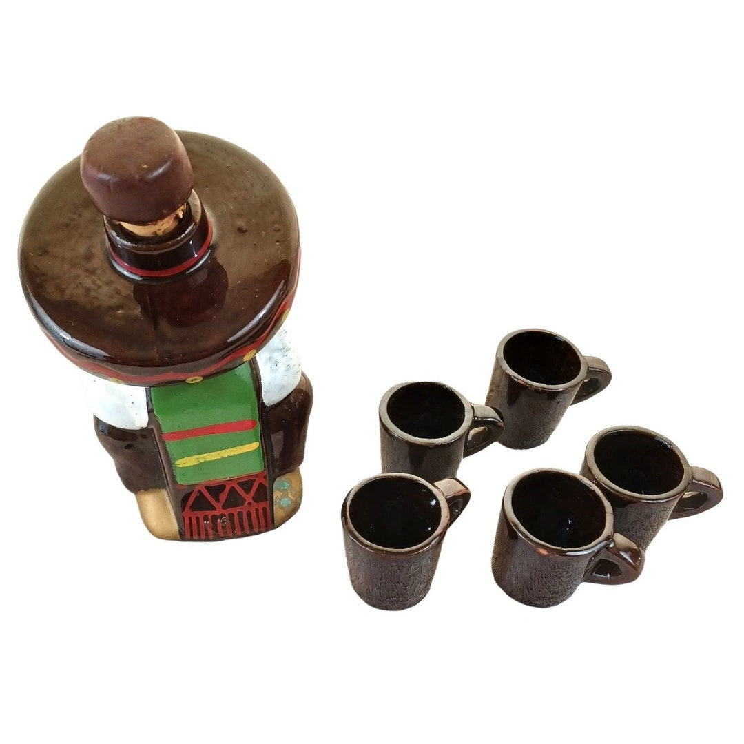 Old Mexico Handmade Clay Pottery Tequila Corked Bottle 6" Decanter + 5 ...