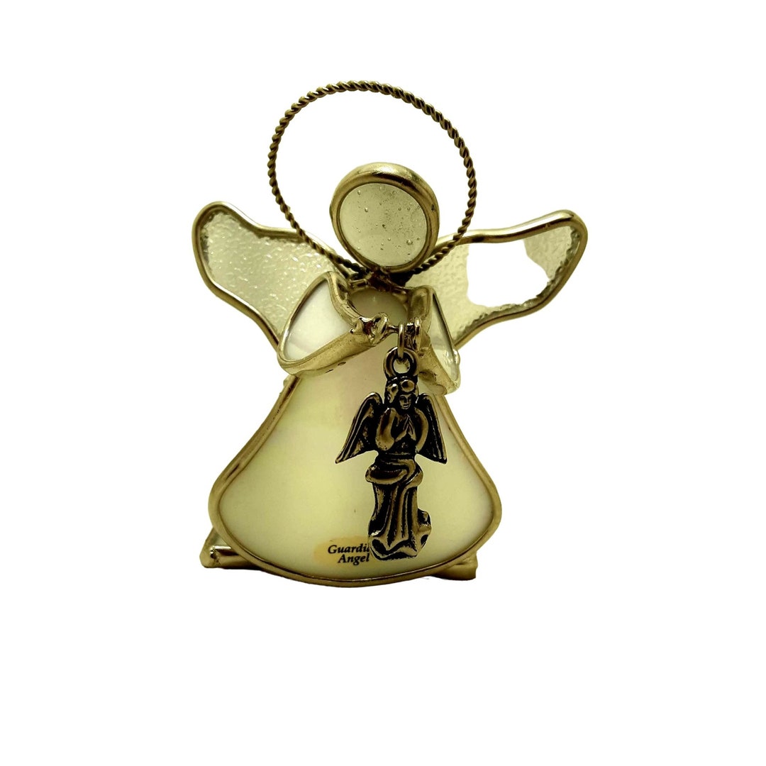 3.5" Guardian Angel Ganz White Opalescent Stained Glass Standing 1990's ...