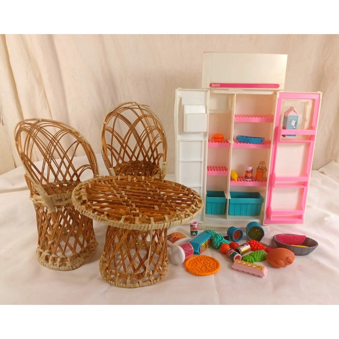 Vintage Early 90s Barbie Kitchen Lot Refrigerator Play Food Wicker ...