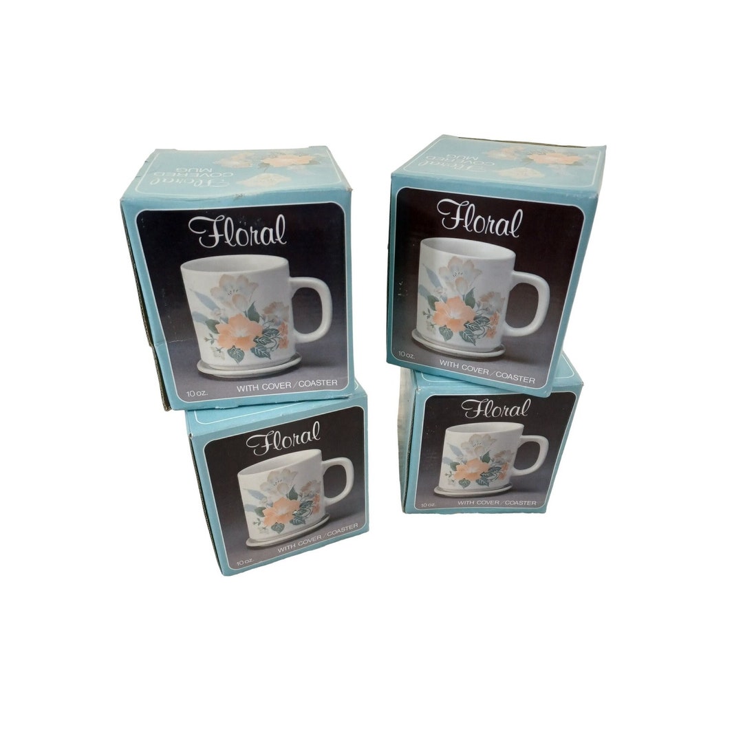 NIB New Set of 4 Floral Stoneware 10oz Mugs Cover Coaster 3.5"x3 ...