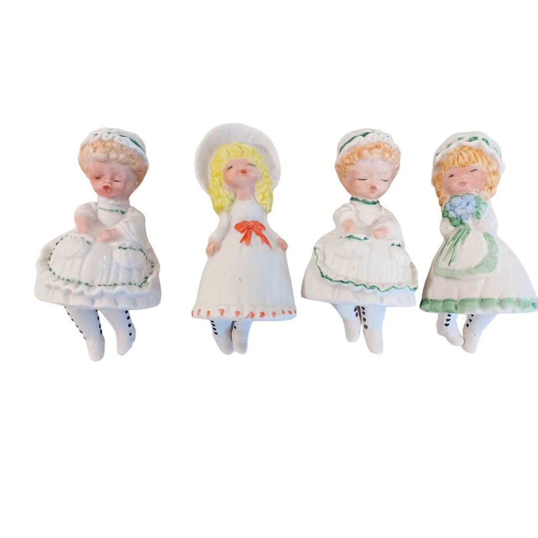 Set of 4 Hand Painted Bisque Ceramic Girl Doll Southern Bells 4" W Legs ...