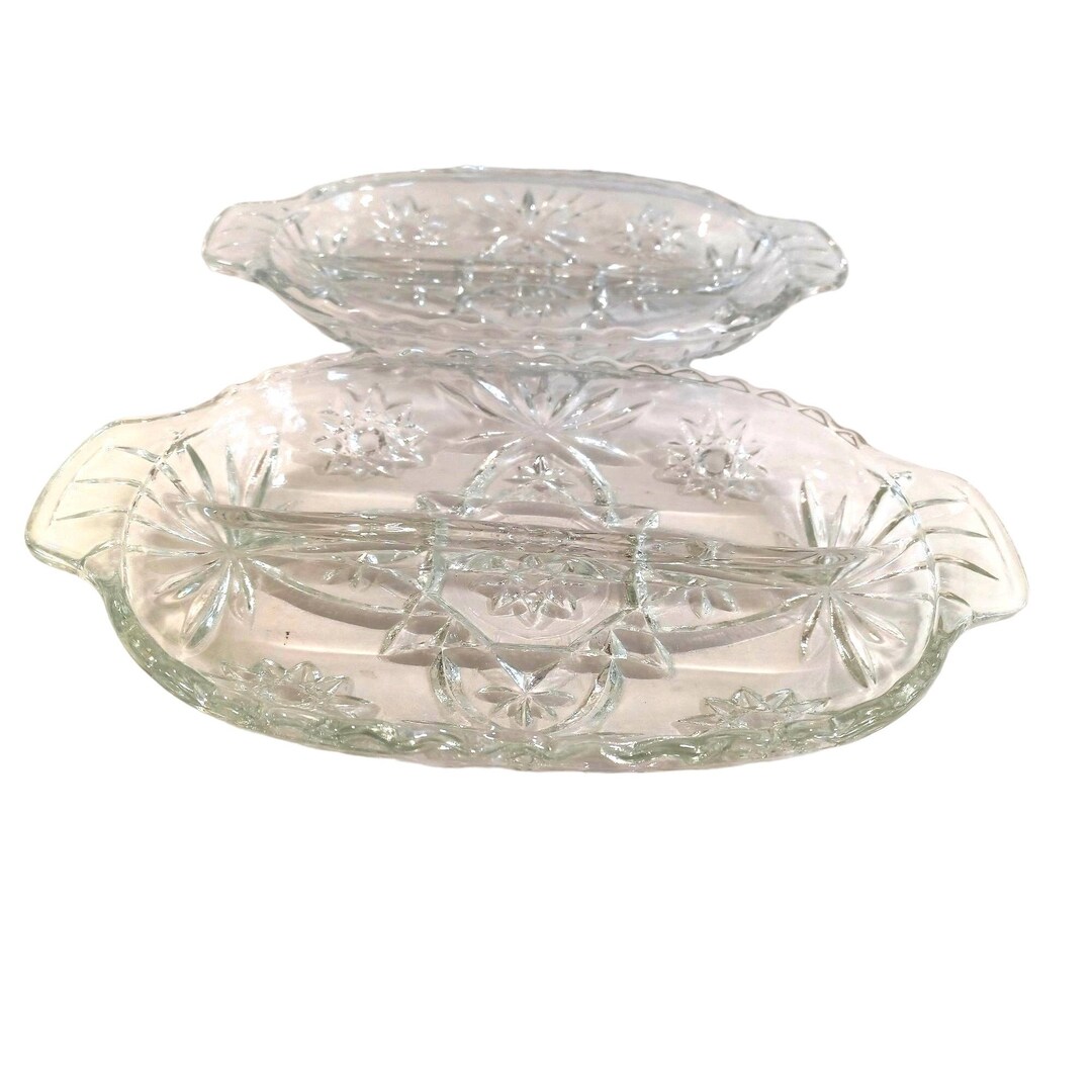 Vintage Set of 2 Crystal Serving Plates 10"x6" Middle Divider Dining ...