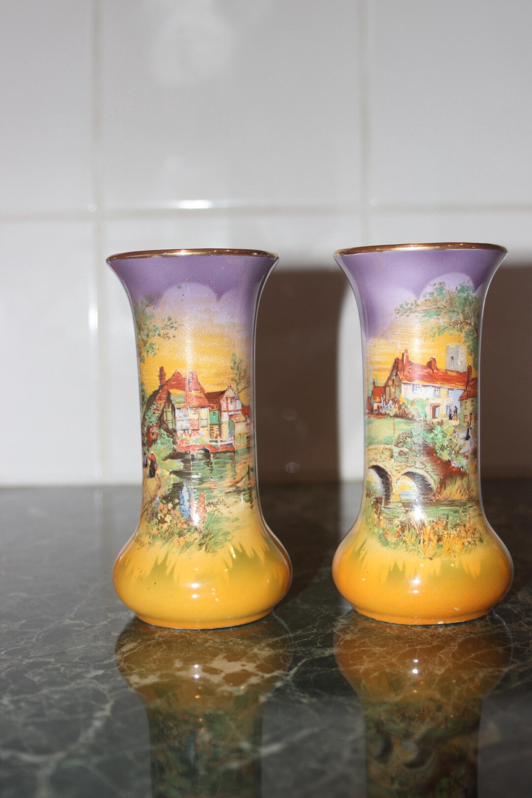 Pair of English Vases /scenes of the Old Country , Spill Vase ,village ...