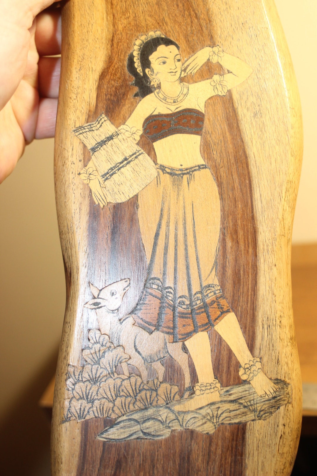 Mid Century Indian Wood Marquetry Inlay , Young Lady With a Deer - Etsy