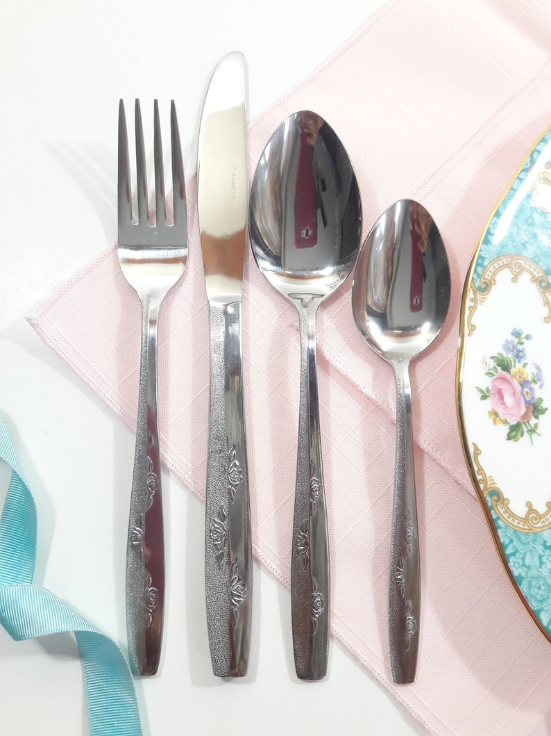 40 Pc Stainless Japan Flatware Rose Pattern | Etsy