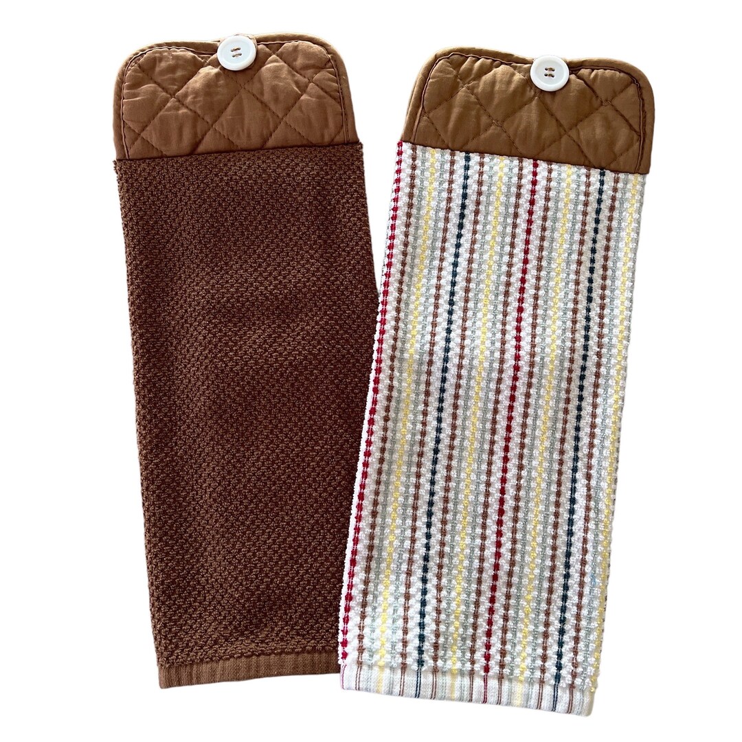 Beige Awning Stripe Hanging Kitchen Towel: Potholder Top With Button ...