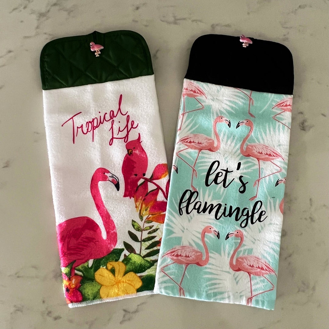 Hanging Kitchen Towel with Flamingos, Pot Holder Top Towel with Button ...