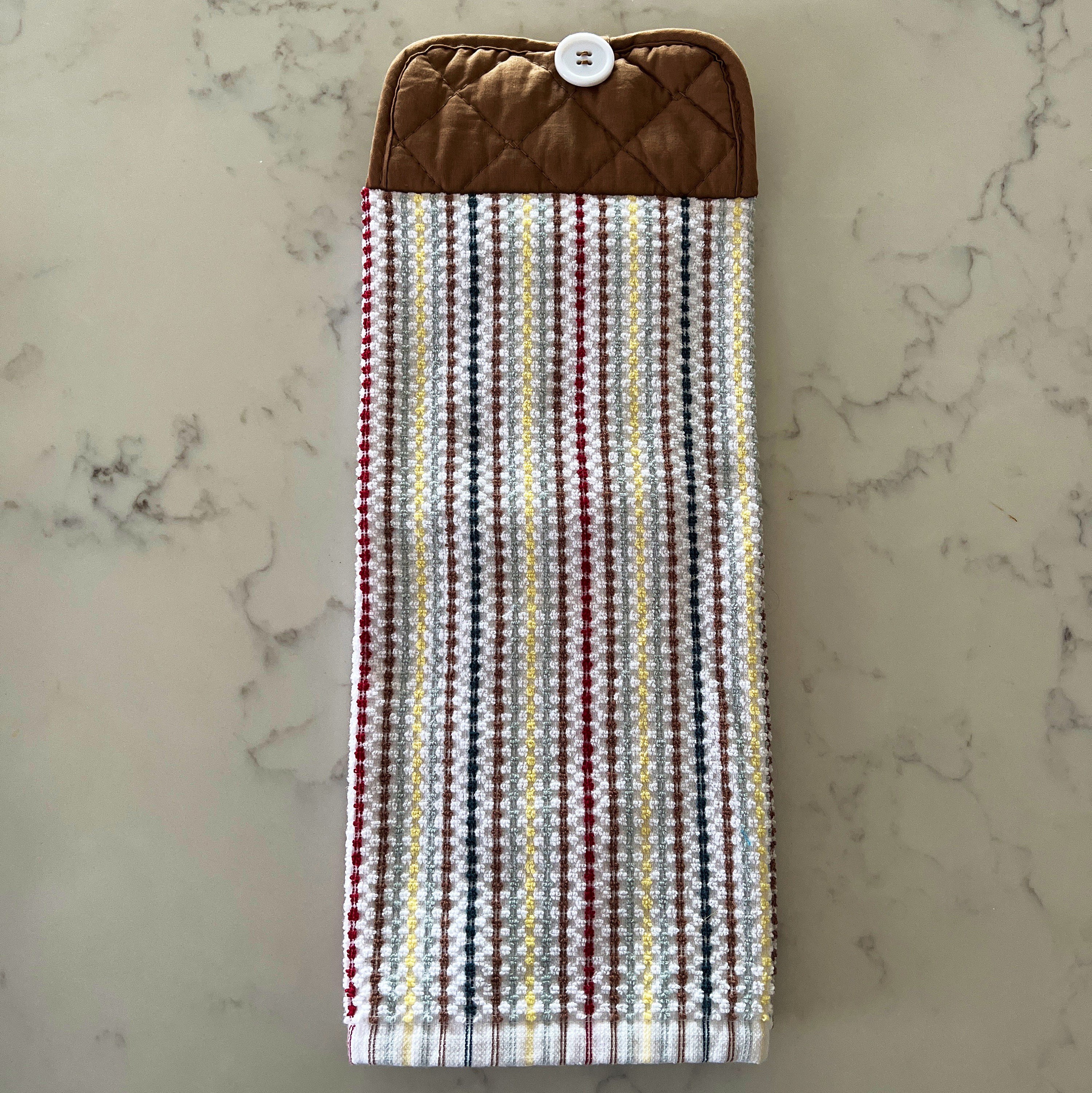 Beige Awning Stripe Hanging Kitchen Towel: Potholder Top With Button ...