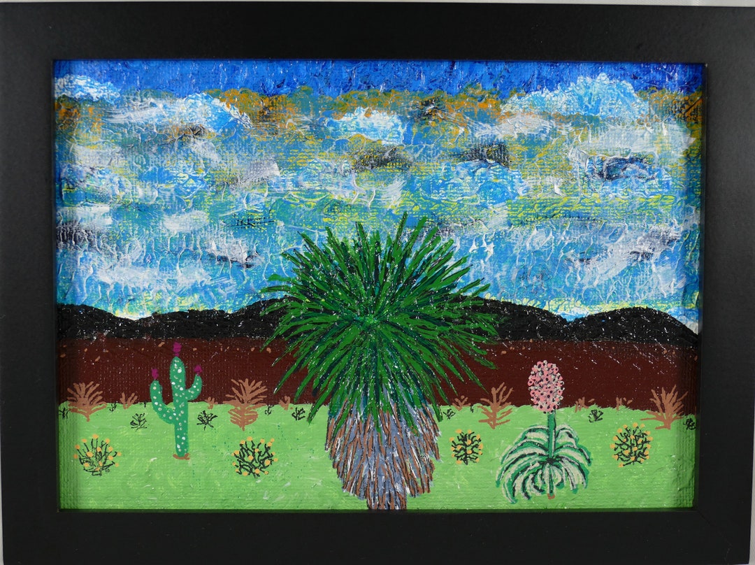 Original Framed Canvas Folk Art Southwest Cactus Landscape Painting ...