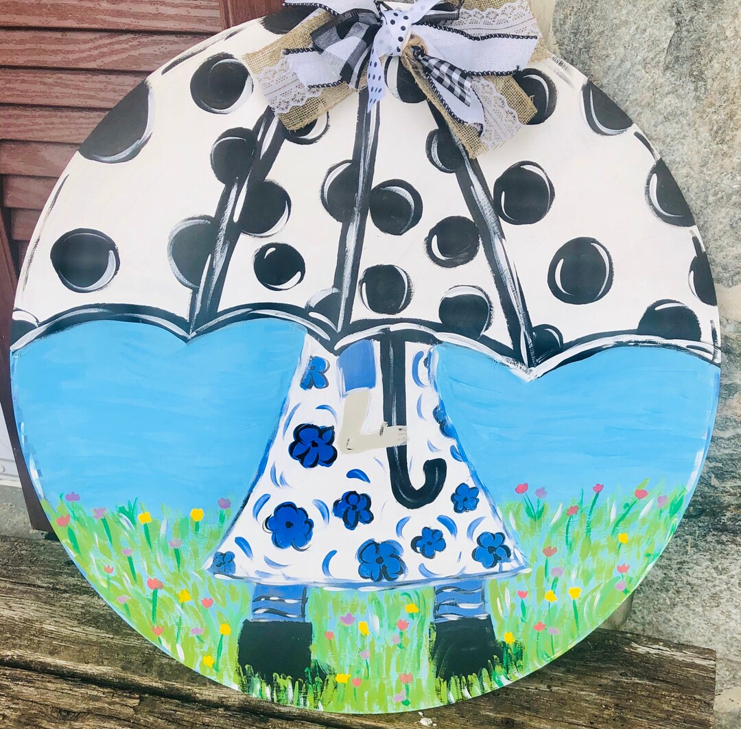 Hand-painted Spring Door Hanger: Girl With Polka Dot Umbrella - Etsy