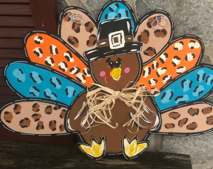 Turkey Door Hanger Thanksgiving Door Hanger Sign Turkey Leopard Print ...
