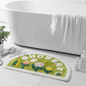 Green Floral Plush Bath Mat 50x80cm, Half Moon Shaped Bath Rugs ...