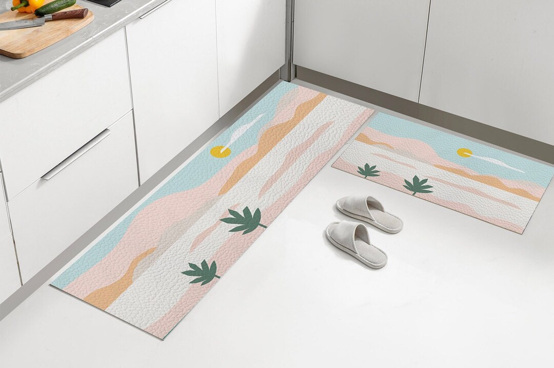Easycare Vinyl Kitchen Runner Mat,aesthetic Watercolor Pink Landscape ...
