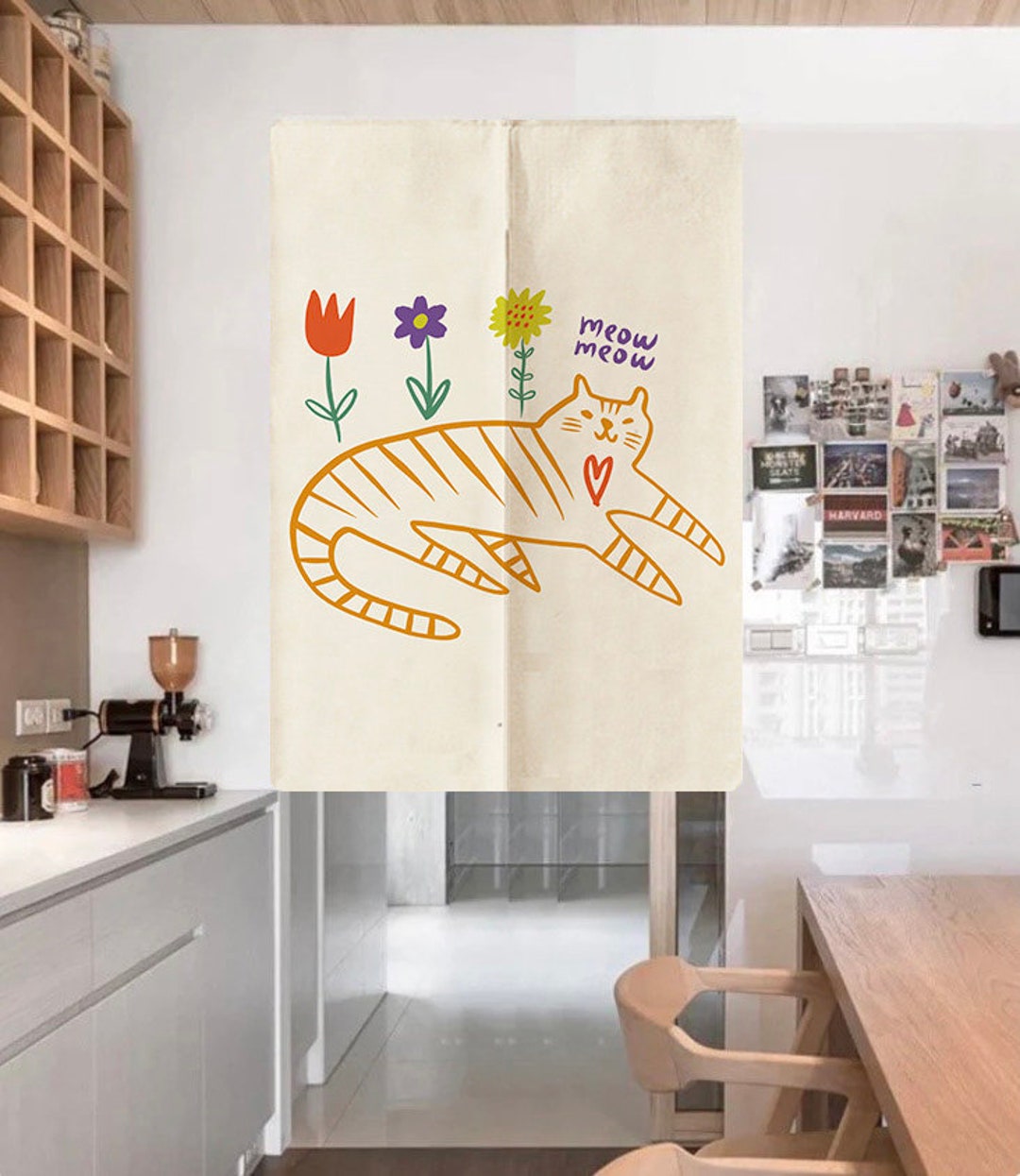 Aesthetic Hand Draw Cute Cats Art Print Doorway Curtain Noren, Simple ...