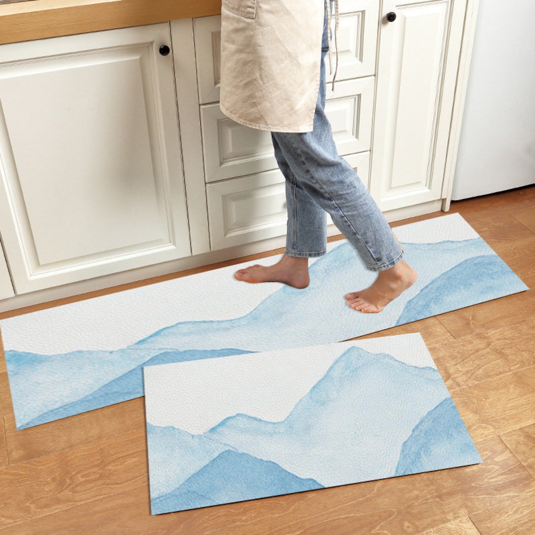 Easycare Vinyl Kitchen Runner Mat,aesthetic Watercolor Blue Landscape ...