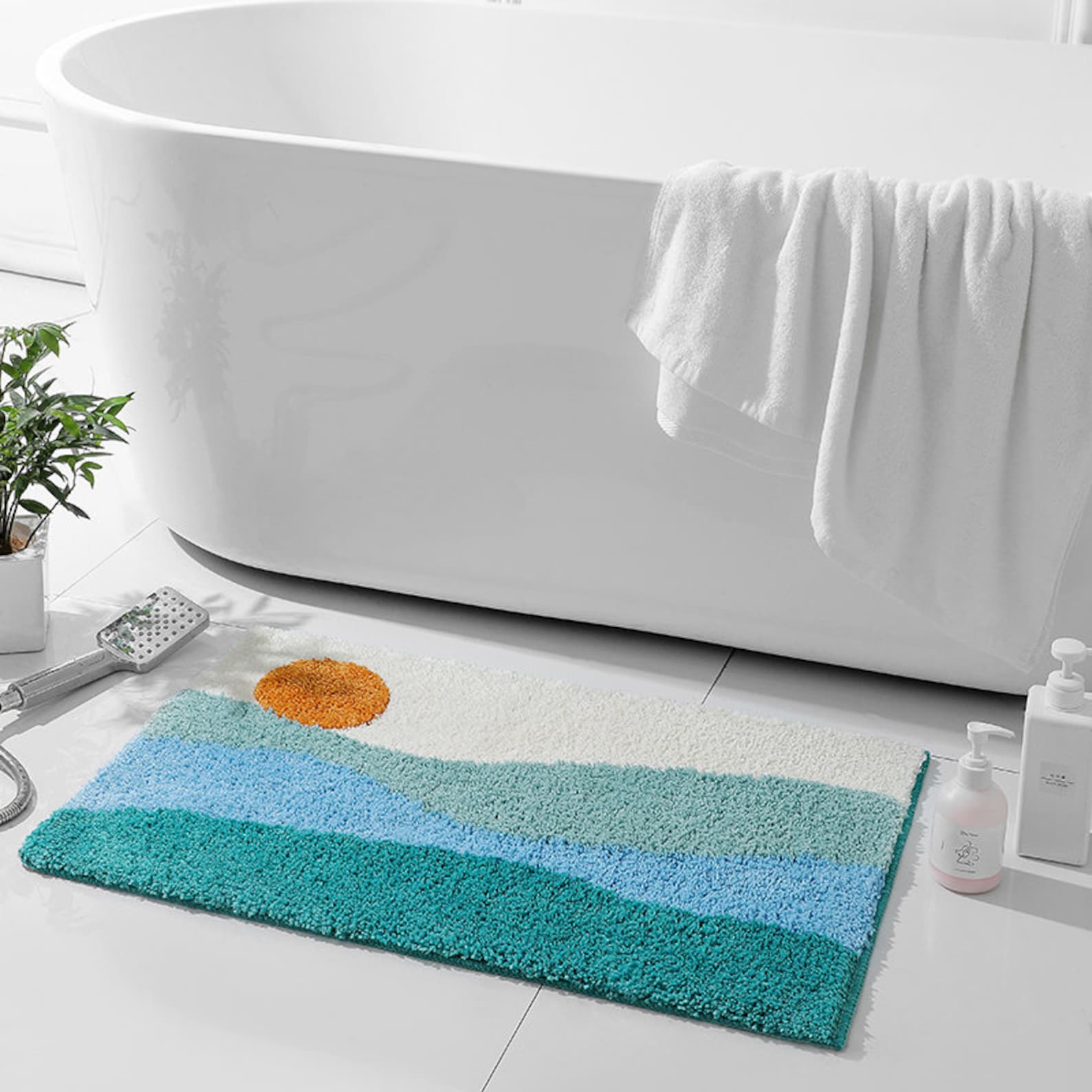 Handcrafted Blue Bath Mat 50x80cm, Tufted Plush Bath Rugs, Washable ...