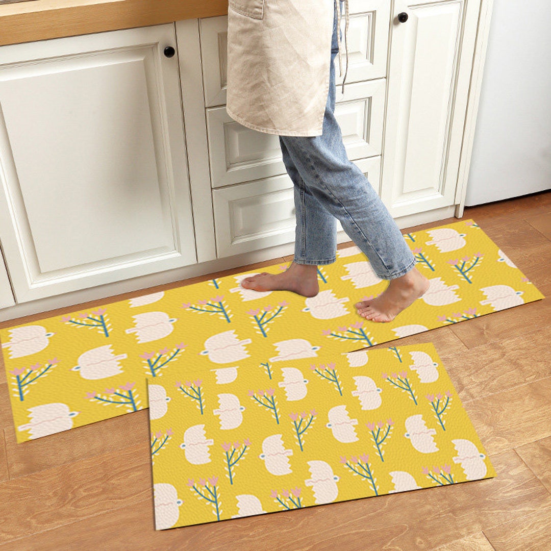 Easycare Vinyl Kitchen Runner Mat, Aesthetic Yellow Bird Floral Cloud ...