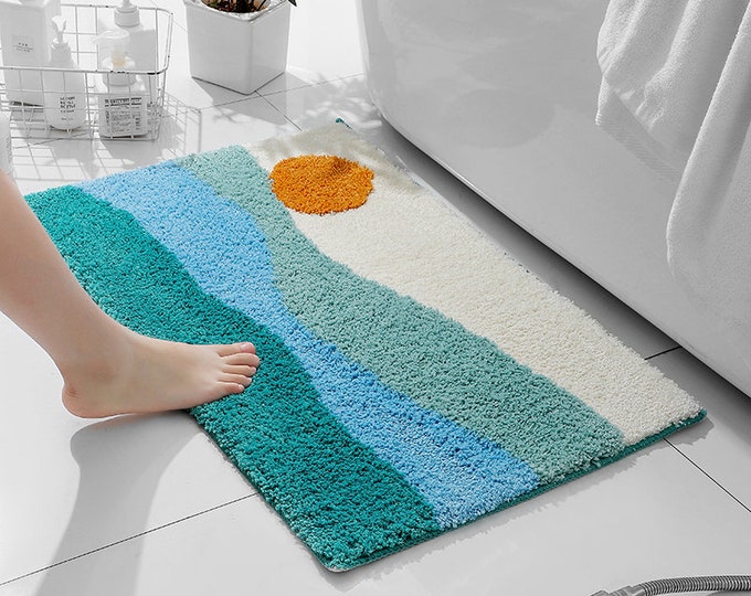 Handcrafted Blue Bath Mat 50x80cm, Tufted Plush Bath Rugs, Washable ...