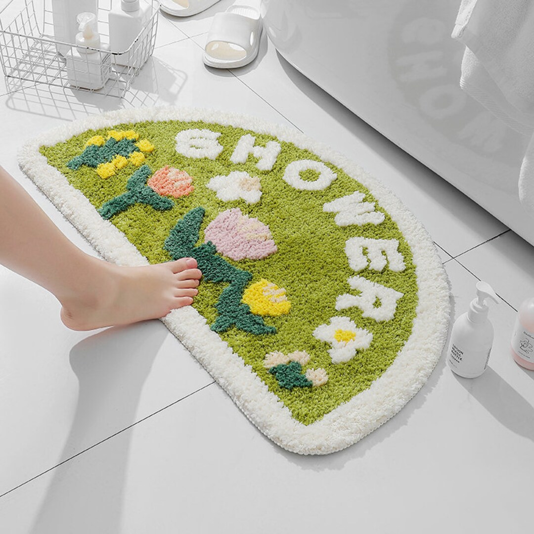 Green Floral Plush Bath Mat 50x80cm, Half Moon Shaped Bath Rugs ...