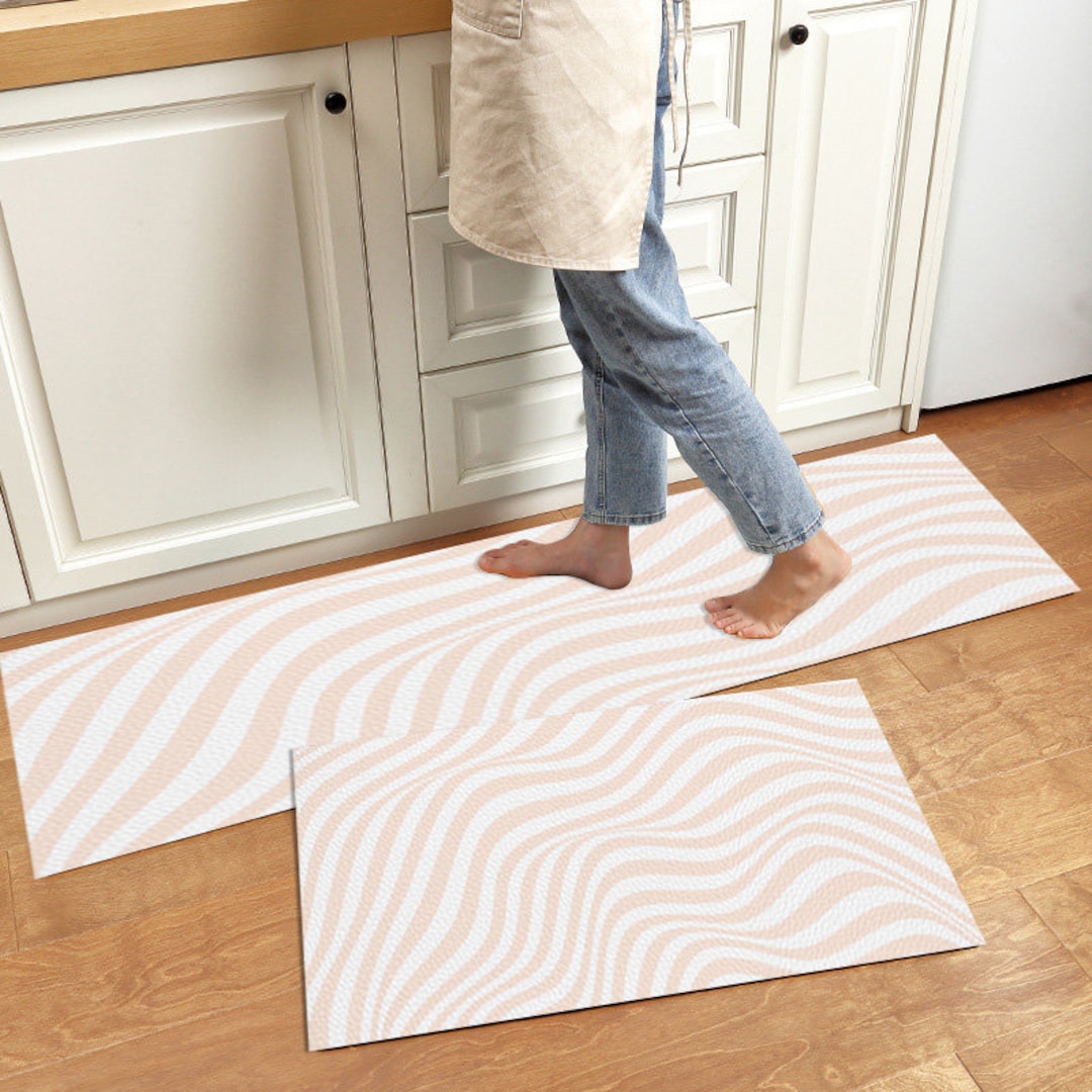 Easycare Vinyl Kitchen Mat,pale Peach Color Abstract Wavy Aesthetic Art ...