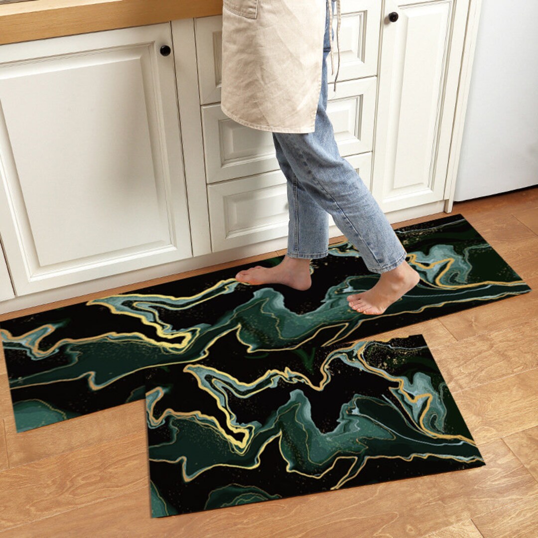 Easy Care Green Vinyl Kitchen Mat, Modern Marble Art Washable ...