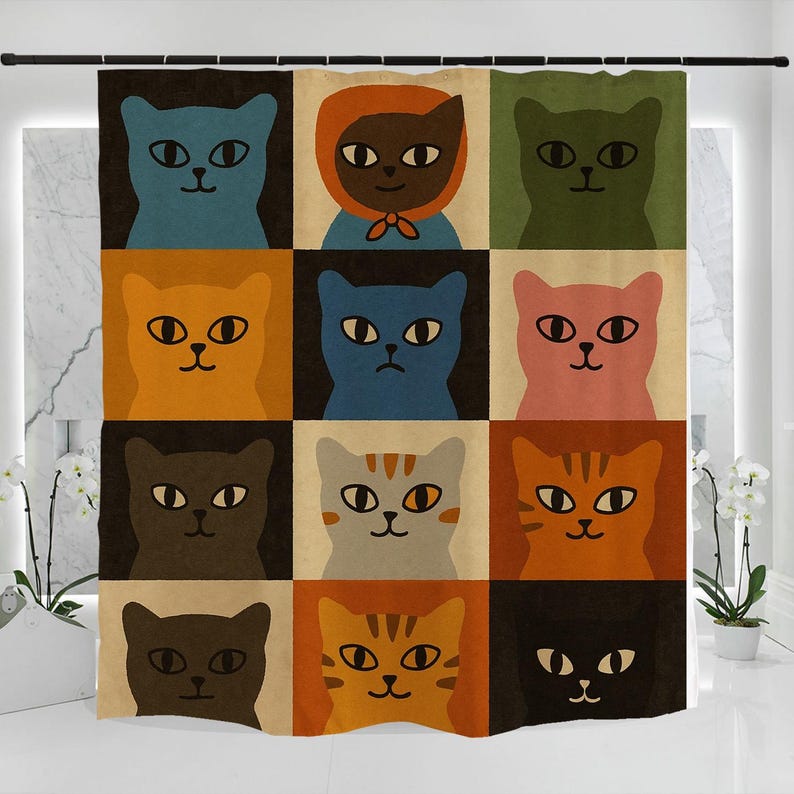 Handdrawn Cute Cats Portrait Grid Waterproof Washable 71x71in Bathroom ...