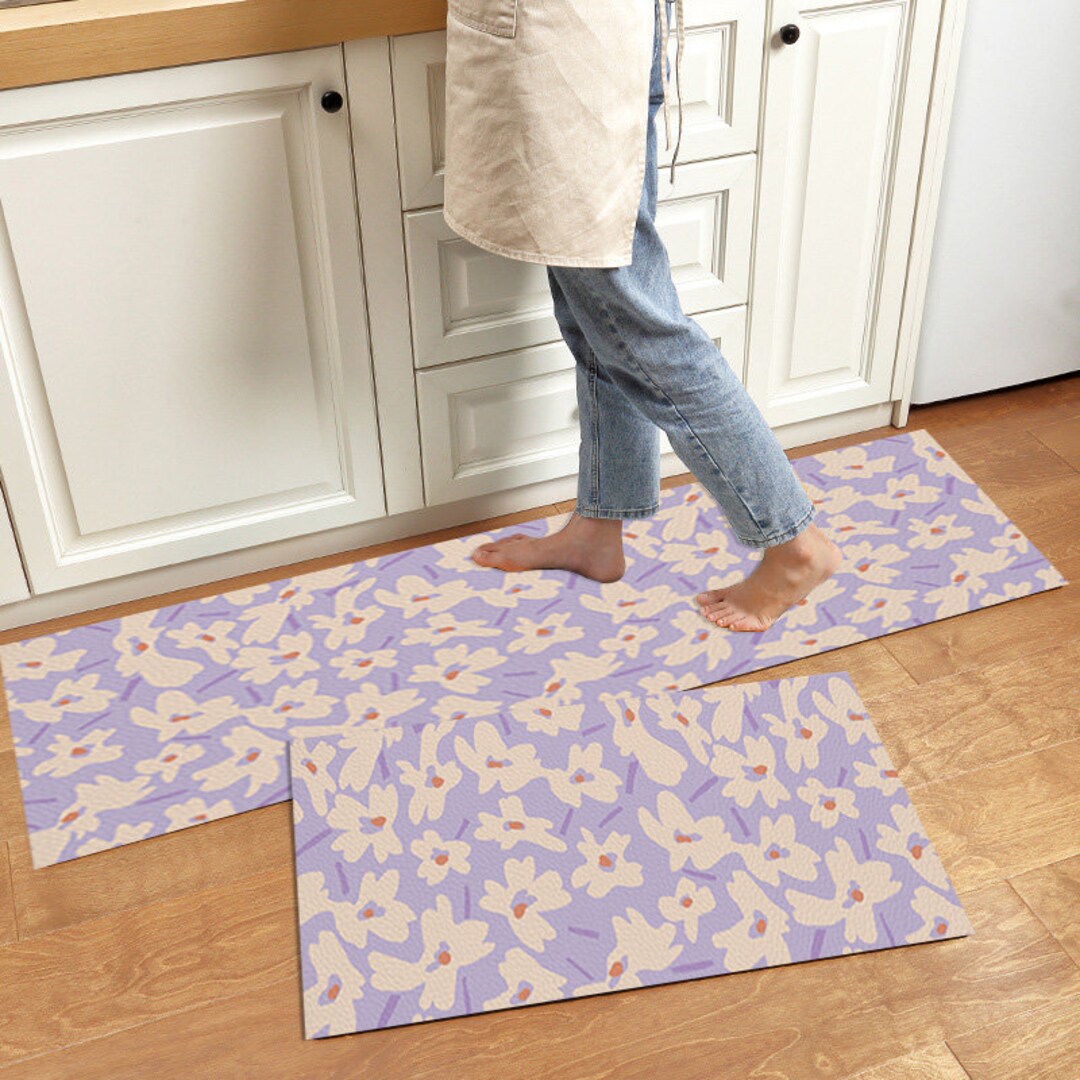 Easycare Vinyl Kitchen Runner Mat, Aesthetic Purple Floral Modern Art ...